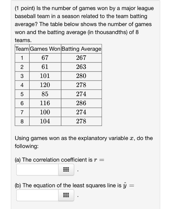 Solved ( 1 point) Is the number of games won by a major | Chegg.com