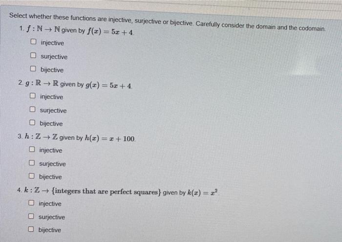 Solved Select whether these functions are injective, | Chegg.com