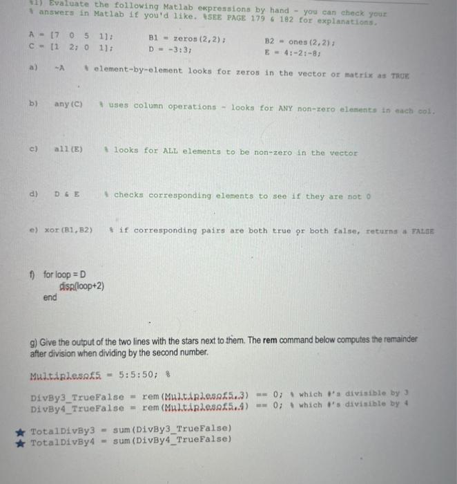 Solved 1) Evaluate the following Matlab expressions by hand | Chegg.com