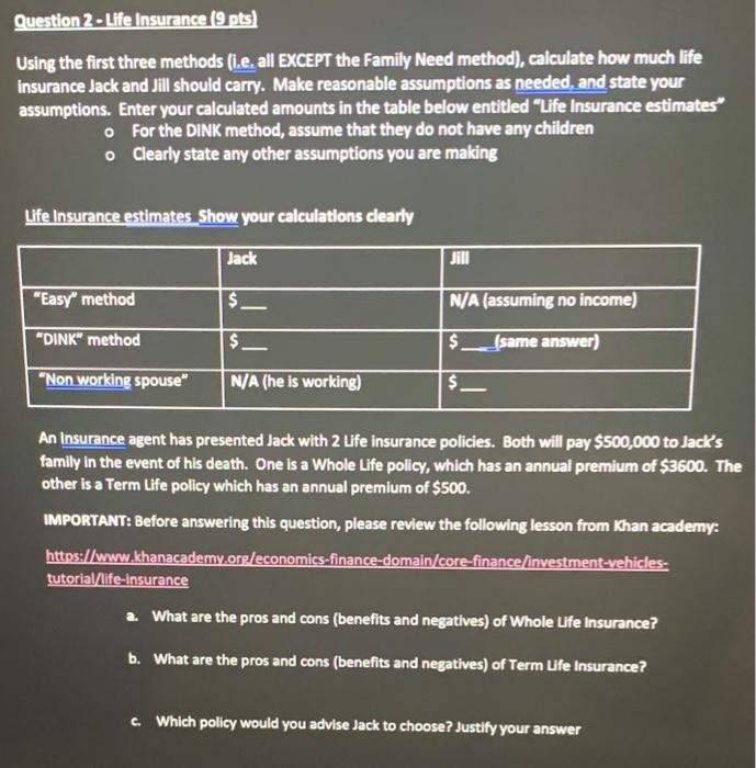 Solved Question 2 - Lffe Insurance ( 9pt ) Using the first | Chegg.com