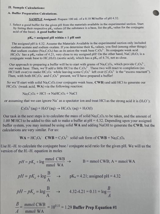 Solved II. Sample Calculations: A. Buffer Preparation | Chegg.com