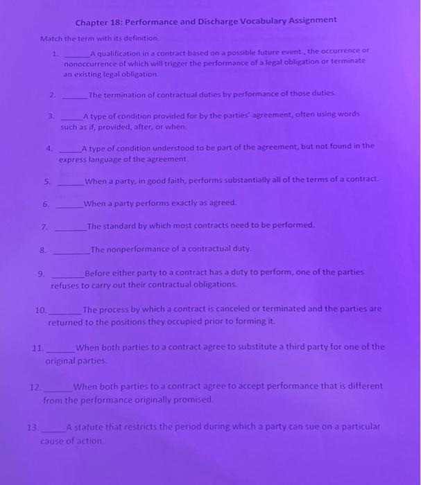 Solved Chapter 18: Performance and Discharge Vocabulary | Chegg.com