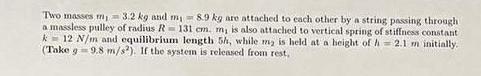 Solved Two masses m1=3.2kg ﻿and m1=8.9kg ﻿are attached to | Chegg.com