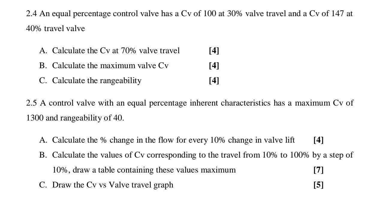 Solved 2.4 An equal percentage control valve has a Cv of 100 | Chegg.com