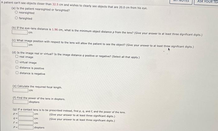 Solved patient can't see objects closer than 32.5 cm and | Chegg.com