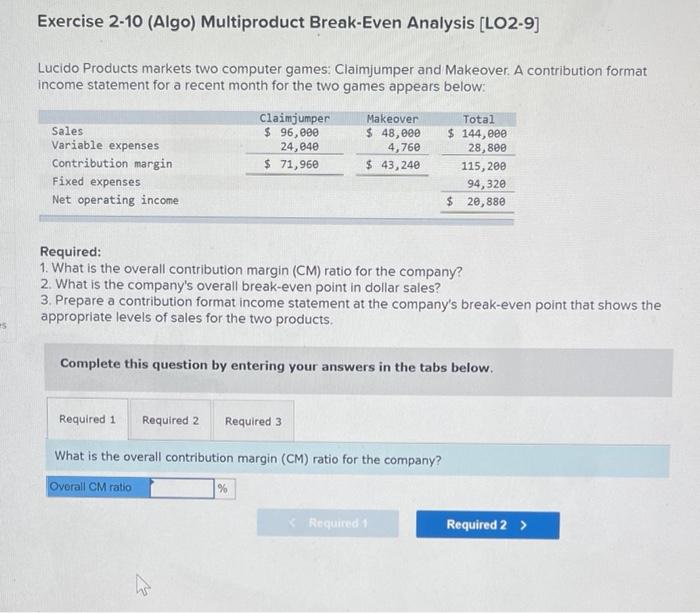 Solved Exercise 2-10 (Algo) Multiproduct Break-Even Analysis | Chegg.com