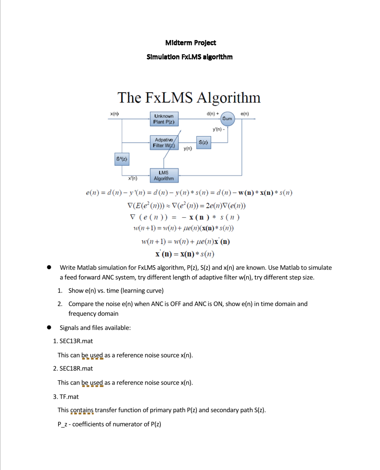 Solved Midterm ProjectSImulation FxLMS | Chegg.com