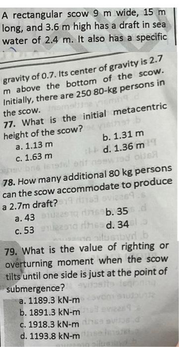 Solved A rectangular scow 9 m wide, 15 m long, and 3.6 m | Chegg.com