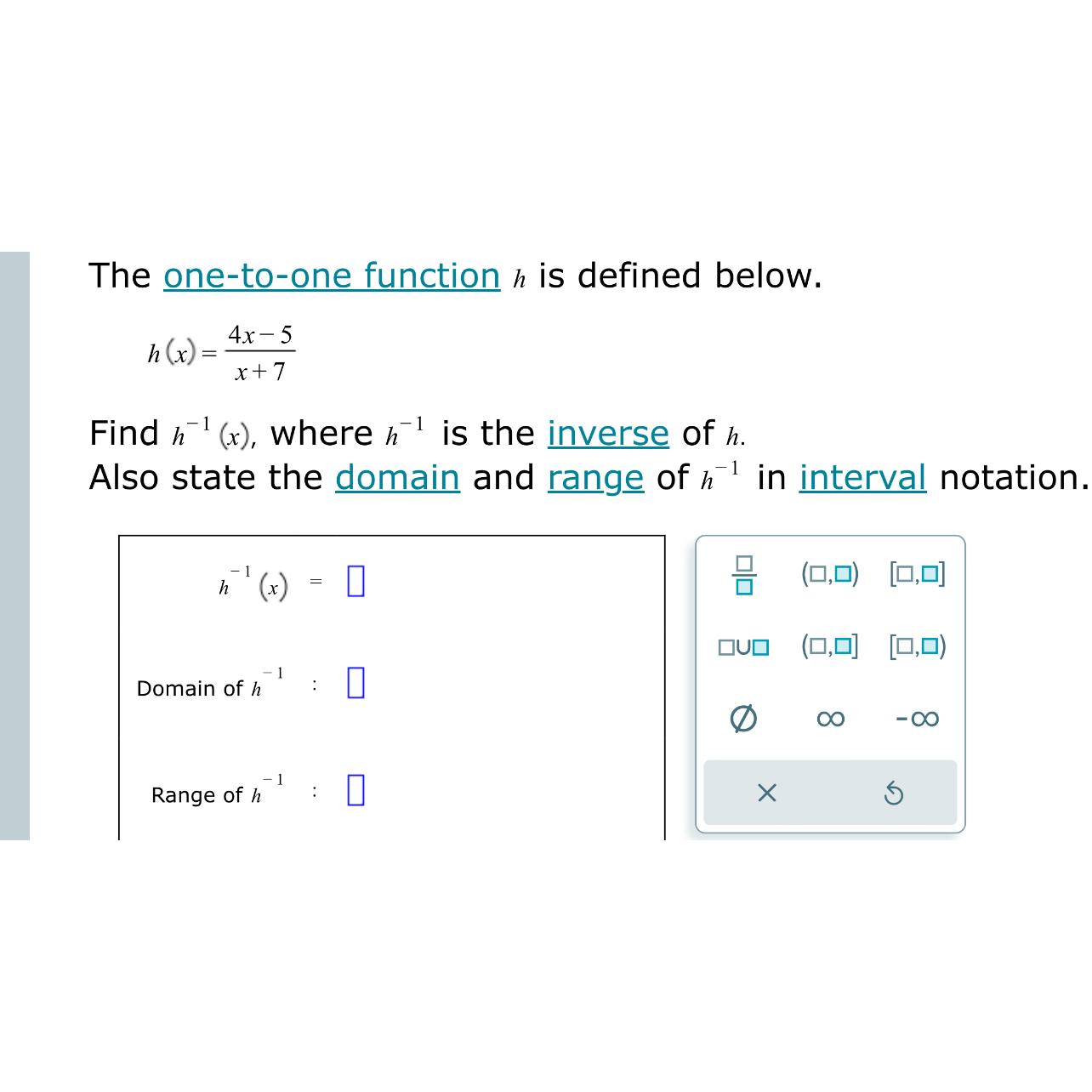 Solved The one-to-one function h ﻿is defined | Chegg.com