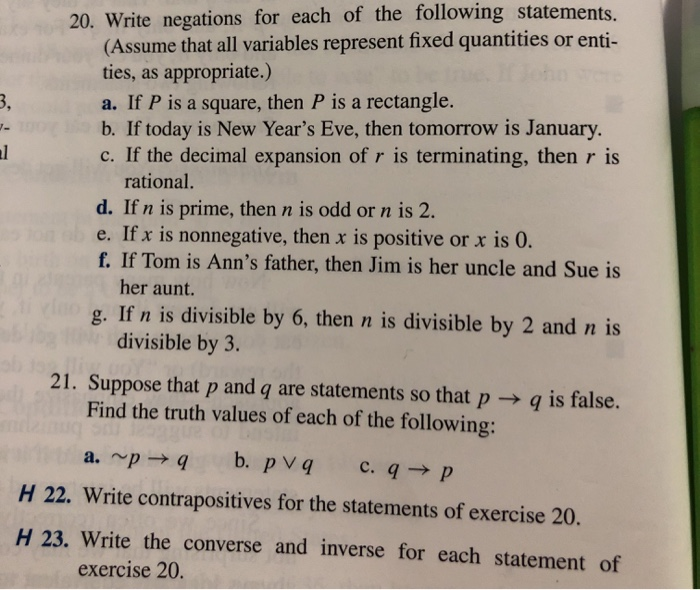 Solved 20. Write negations for each of the following | Chegg.com