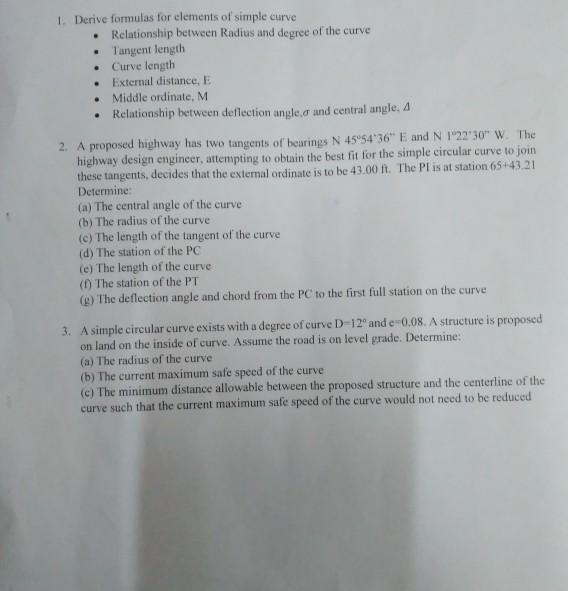 Solved . . 1. Derive formulas for elements of simple curve • | Chegg.com