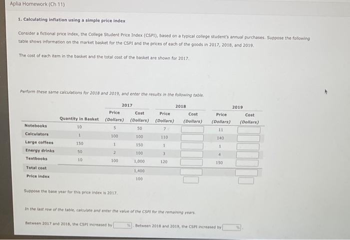 Solved 1. Calculating inflation using a simple price index | Chegg.com