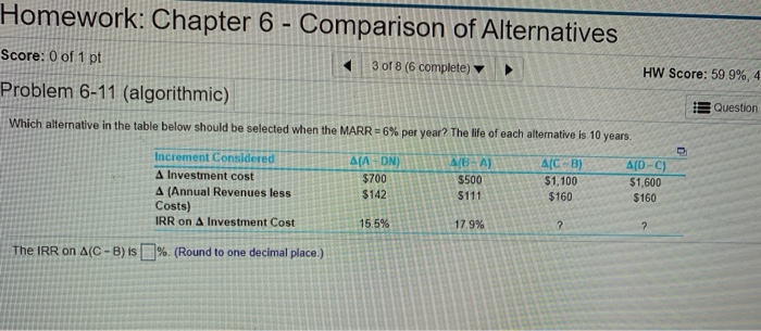 Solved Homework: Chapter 6 - Comparison of Alternatives | Chegg.com