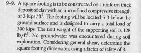Solved 9-8. A square footing 2 m by 2 m is to be constructed | Chegg.com