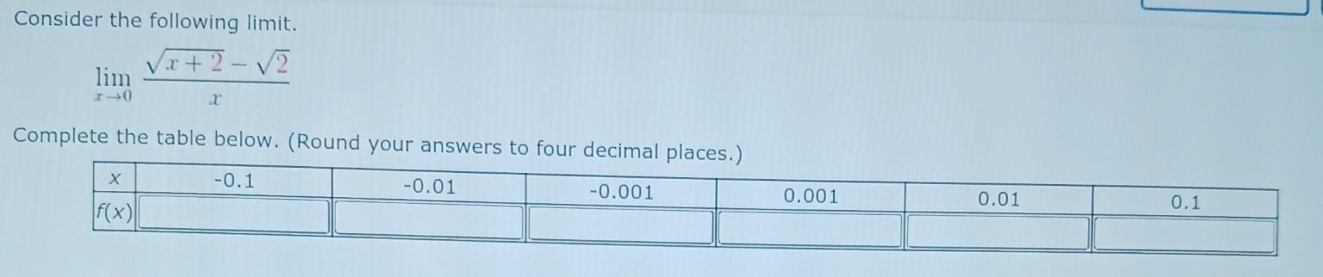 Solved Consider the following limit. limx→0xx+2−2 Complete | Chegg.com