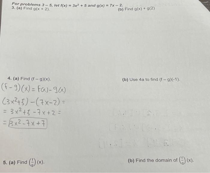Solved For problems 3 - 5, let f(x) = 3x2 + 5 and g(x) = 7x | Chegg.com