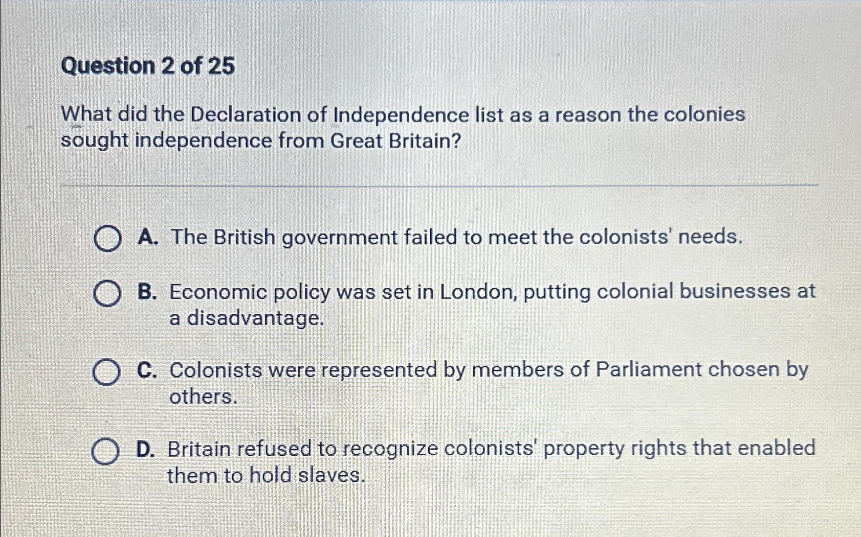 Solved Question 2 ﻿of 25What did the Declaration of | Chegg.com