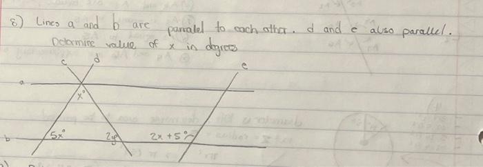 Solved 8) Lines a and b are parralel to each other. d and e | Chegg.com
