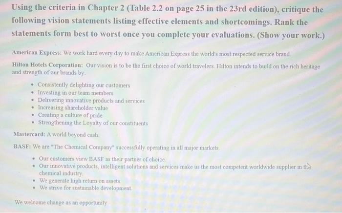 Using the criteria in Chapter 2 (Table 2.2 on page 25 | Chegg.com