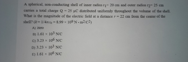 A spherical, non-conducting shell of inner radius | Chegg.com