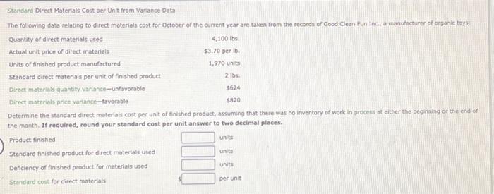 Solved standard Direct Materials Cost per Unit from Variance | Chegg.com