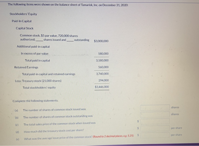 Solved The following items were shown on the balance sheet | Chegg.com