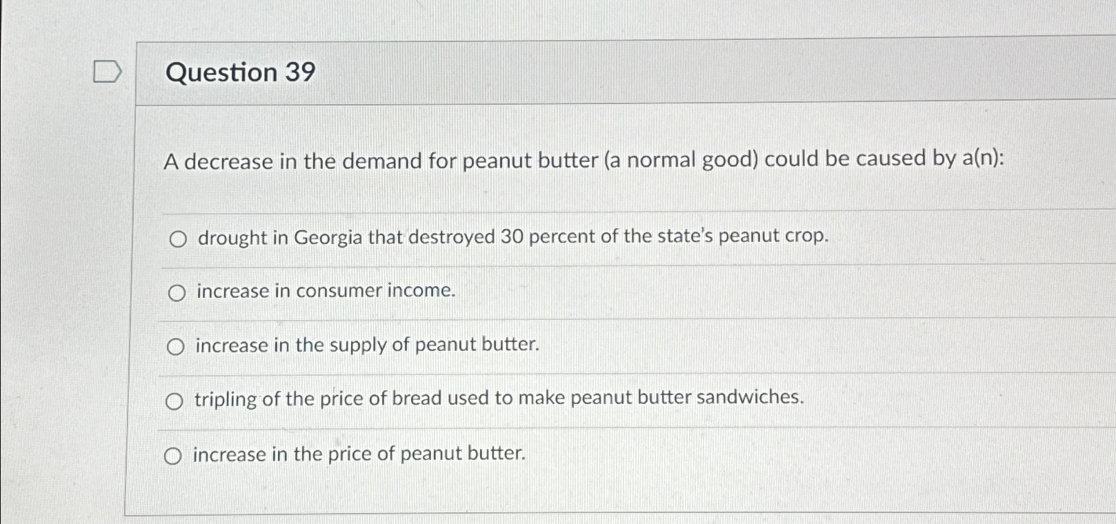 Solved Question 39A decrease in the demand for peanut butter | Chegg.com