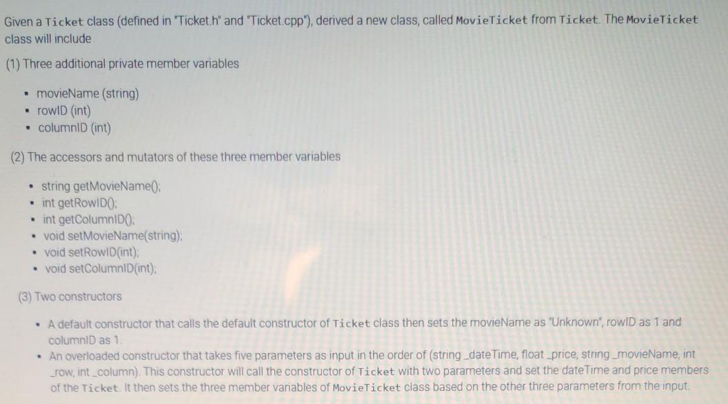 Solved (C++) Given a Ticket class (defined in "Ticket.h" and | Chegg.com