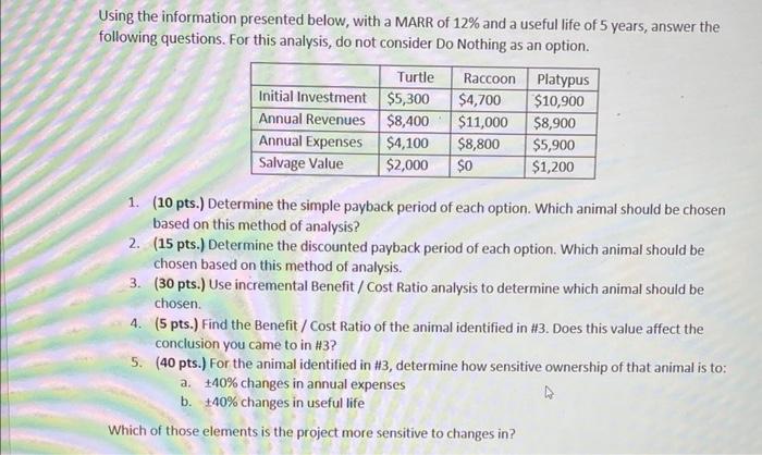 Solved Using the information presented below, with a MARR of | Chegg.com