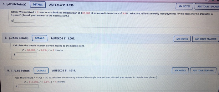 Solved 7. [-/2.66 Points] DETAILS AUFEXC4 11.3.036. MY NOTES | Chegg.com