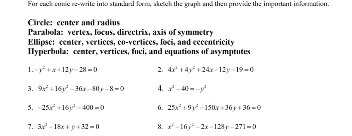 Solved For each conic re-write into standard form, sketch | Chegg.com