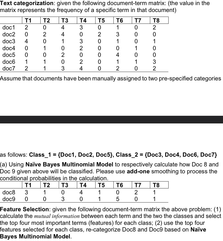Solved Text categorization: given the following | Chegg.com