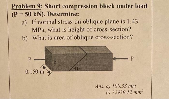 Solved Problem 9: Short compression block under load (P = 50 | Chegg.com