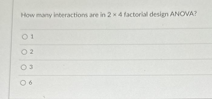 Solved How many interactions are in 2×4 factorial design | Chegg.com