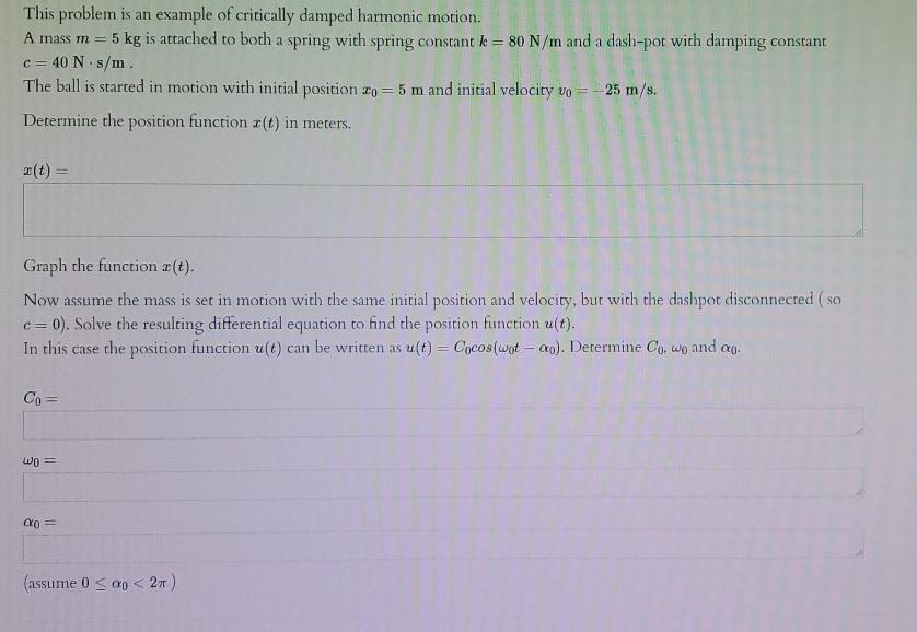 Solved This problem is an example of critically damped | Chegg.com
