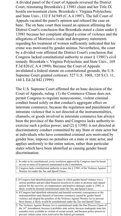 Solved Case 7: United States v. Morrison, 529 U.S. 598 | Chegg.com