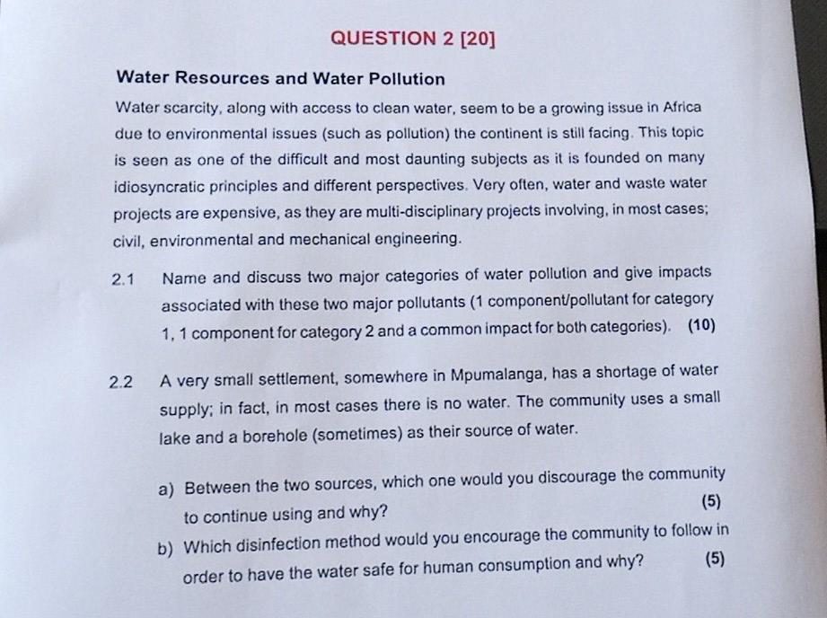 Solved QUESTION 2 [20] Water Resources and Water Pollution | Chegg.com