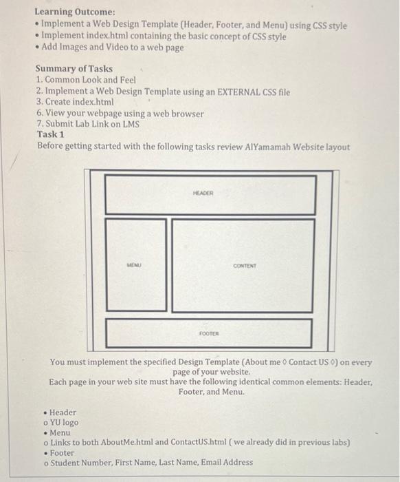 Solved Learning Outcome: - Implement a Web Design Template | Chegg.com