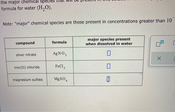 Solved the major chemical species formula for water (H2O). | Chegg.com