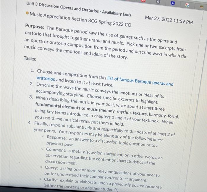 Unit 3 Discussion: Operas and Oratorios - | Chegg.com