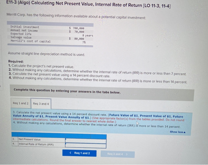 Solved E11-3 (Algo) Calculating Net Present Value, Internal | Chegg.com