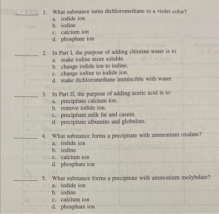 Solved 1. What substance turns dichloromethane to a violet | Chegg.com
