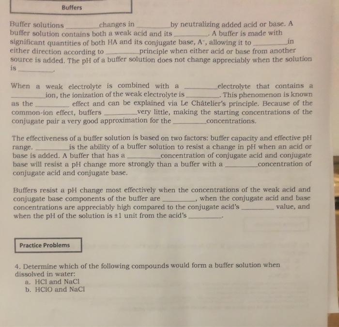 Solved Buffers Buffer solutions changes in by neutralizing | Chegg.com