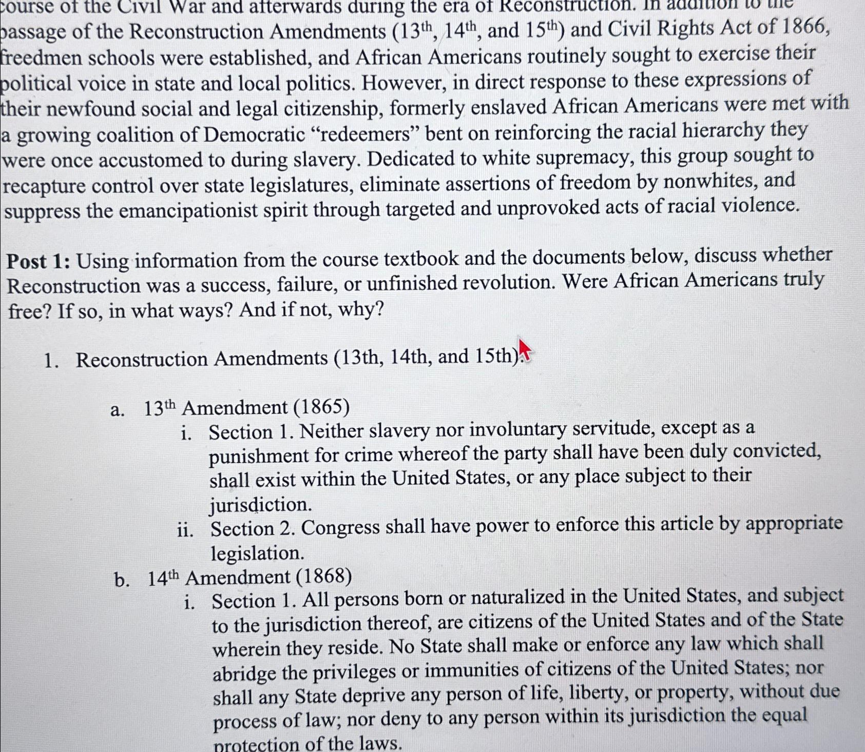 Solved passage of the Reconstruction Amendments , ﻿and | Chegg.com