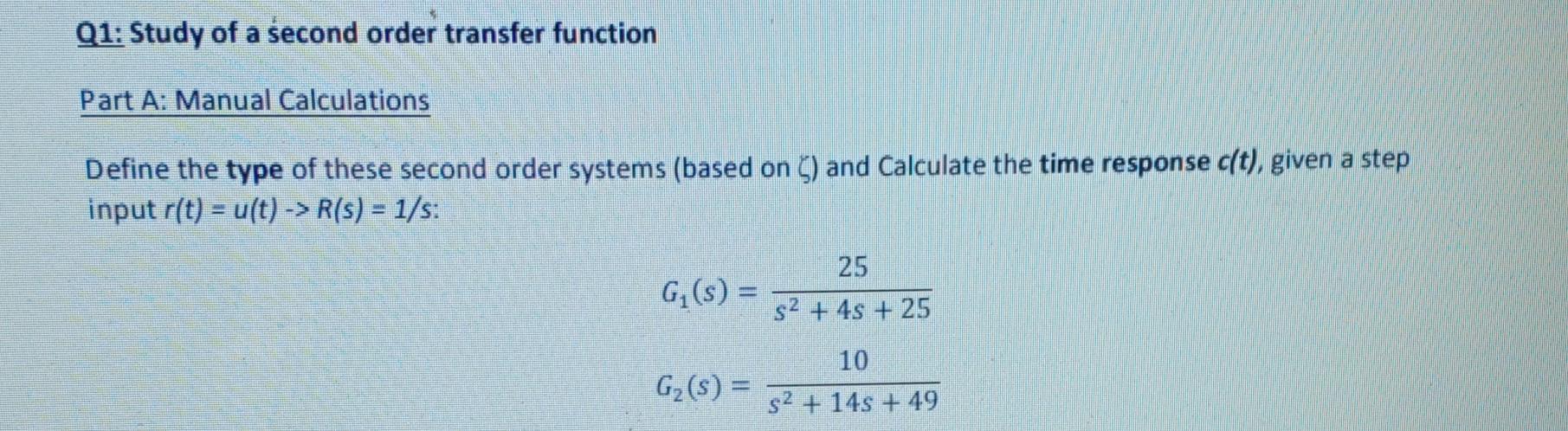 Solved Q1: Study of a second order transfer function Part A: | Chegg.com