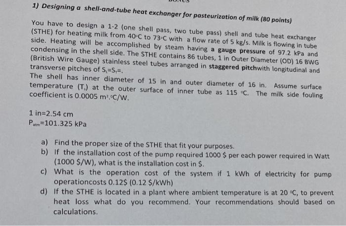 Solved You have to design a 1-2 (one shell pass, two tube | Chegg.com