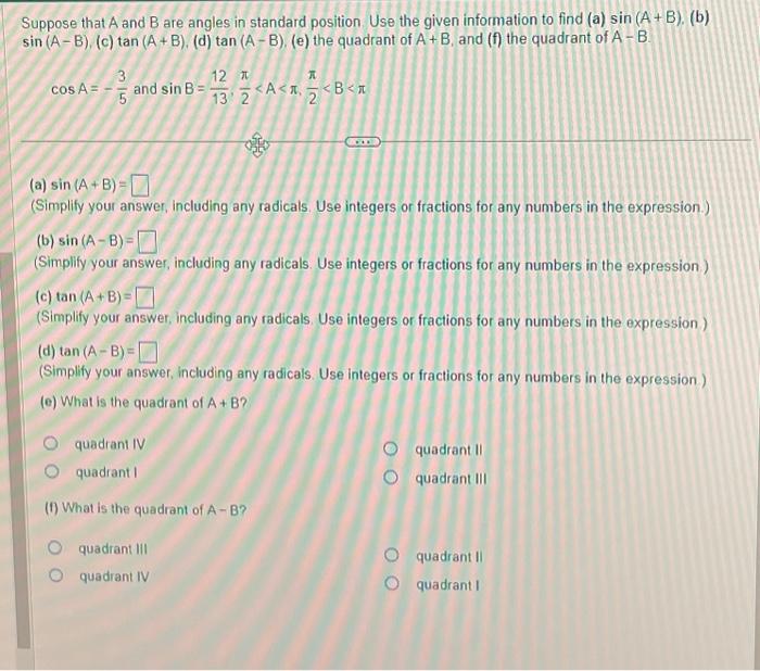 Solved Suppose that A and B are angles in standard position. | Chegg.com