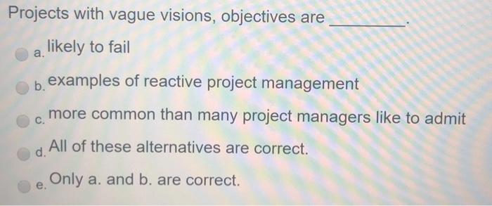 Solved Projects with vague visions, objectives are a. likely | Chegg.com