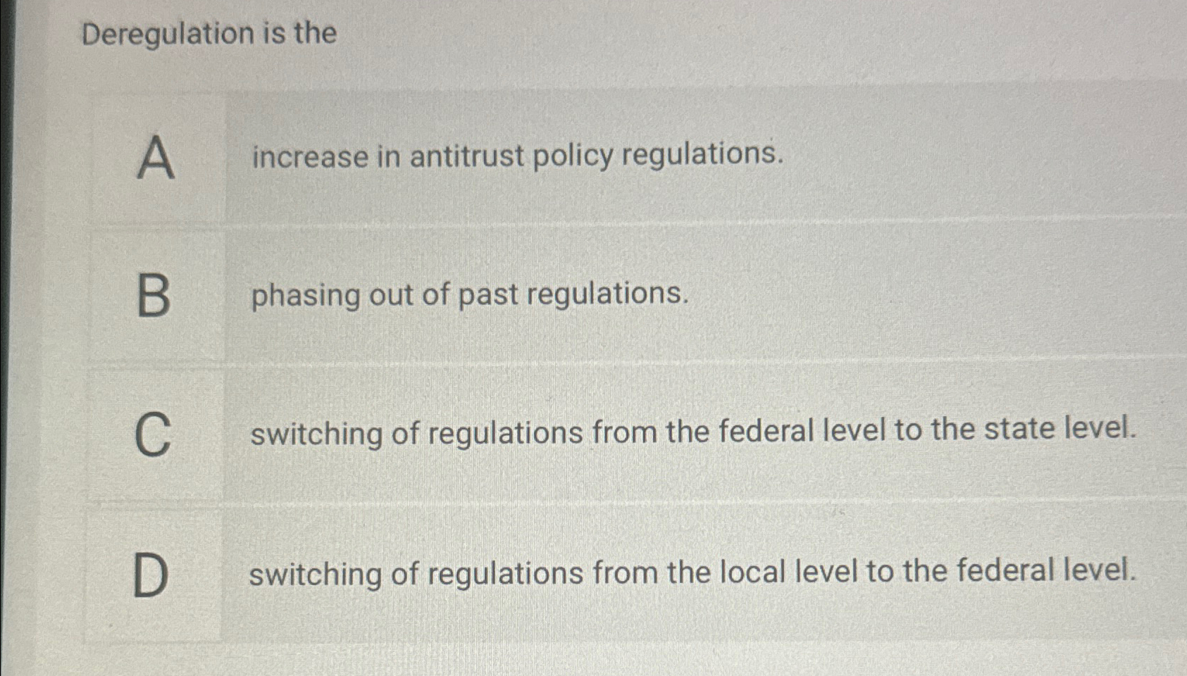 Solved Deregulation is theA increase in antitrust policy | Chegg.com
