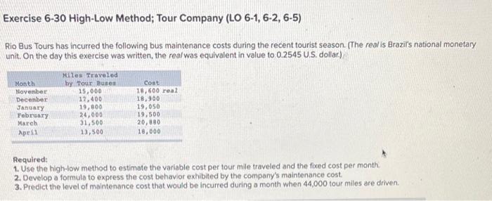 Solved Exercise 6-30 High-Low Method; Tour Company (LO 6-1, | Chegg.com